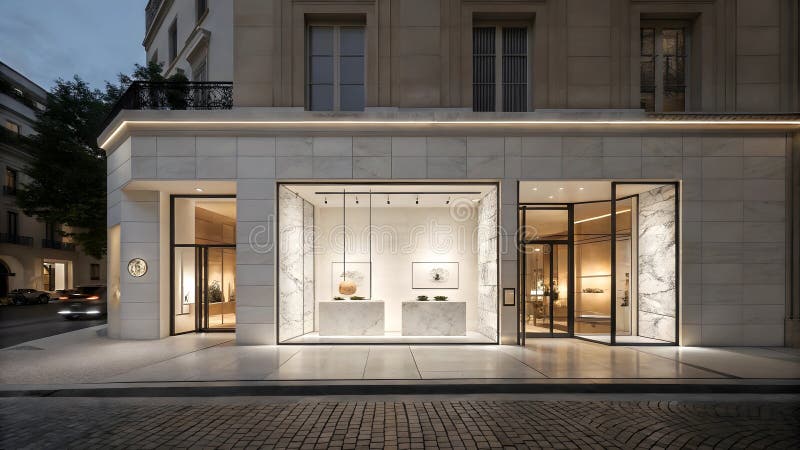 Modern Luxury Storefront with Illuminated Window Display during Evening ...
