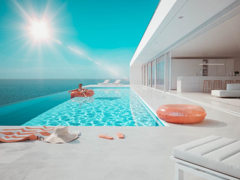 3D-Illustration. Modern Luxury Infinity Pool with Summer Accessoires ...