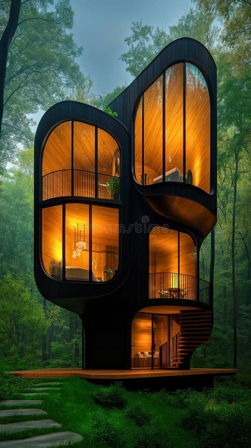 Modern Luxury Treehouse with Glass Walls and Warm Lighting in a Serene ...