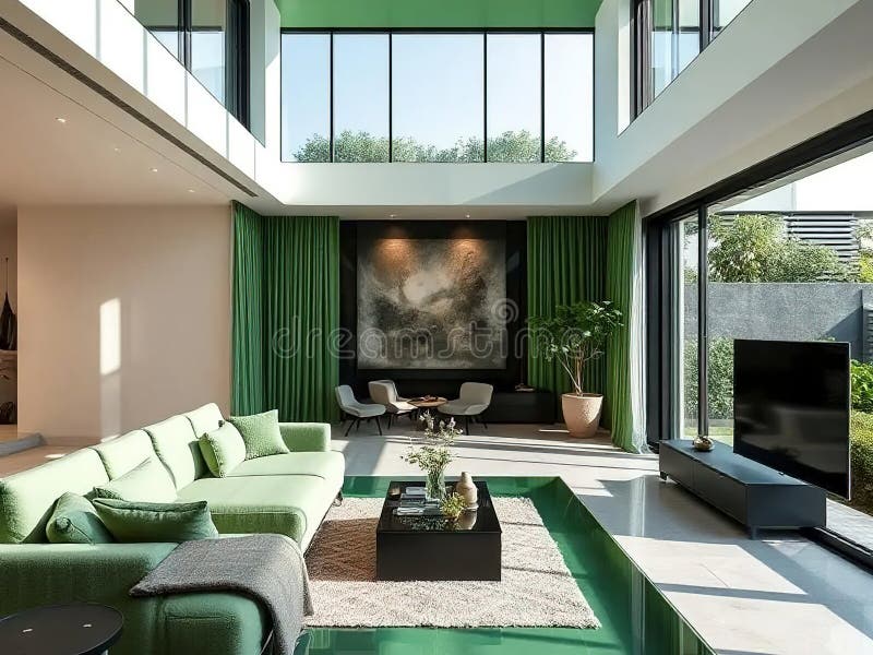 Modern Luxury Villa Apartment Interior, Green Color Stock Illustration ...
