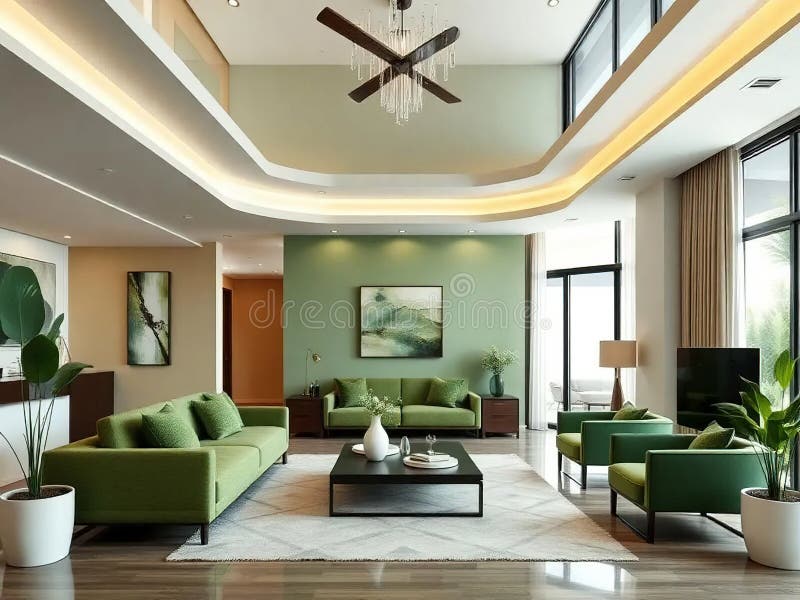 Modern Luxury Villa Apartment Interior, Green Color Stock Illustration ...