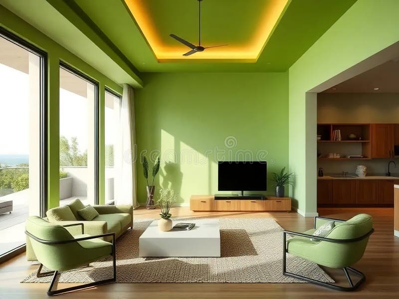 Modern Luxury Villa Apartment Interior, Green Color Stock Illustration - Illustration of stylish ...