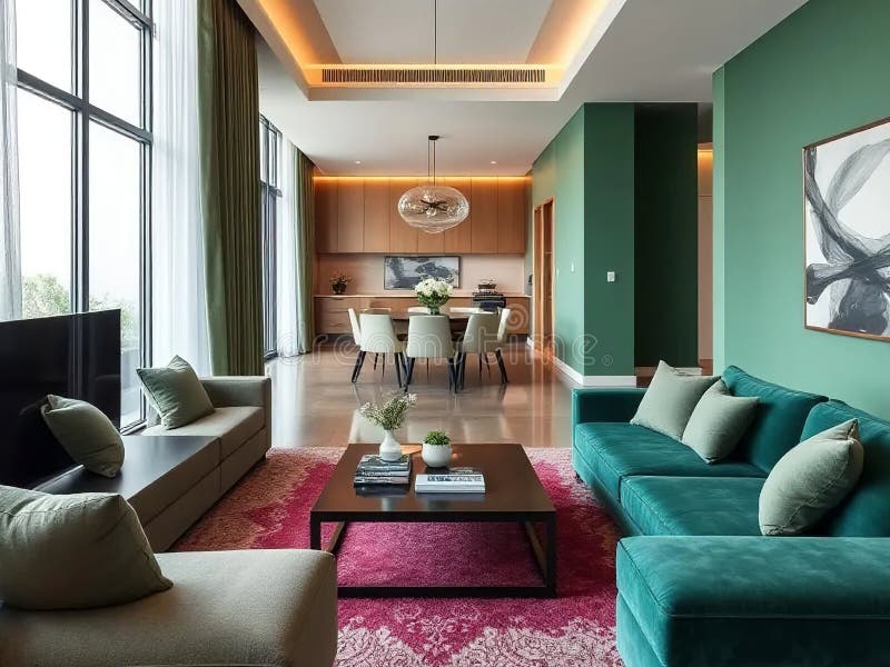 Modern Luxury Villa Apartment Interior, Green Color Stock Illustration ...