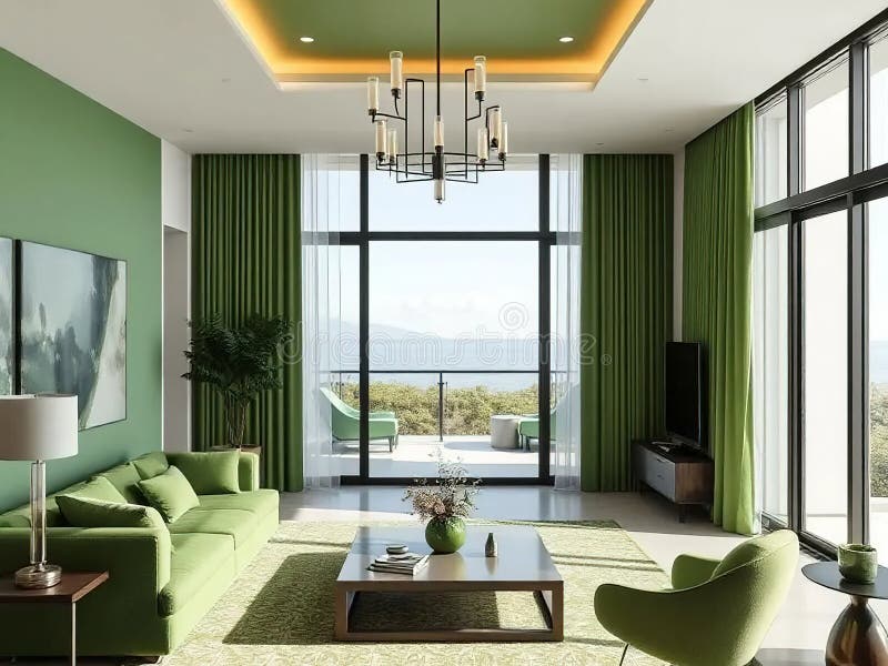 Modern Luxury Villa Apartment Interior, Green Color Stock Illustration ...