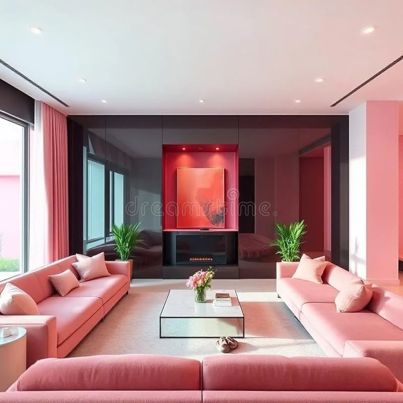 Modern Luxury Villa Apartment Interior, Pink Color Stock Illustration ...