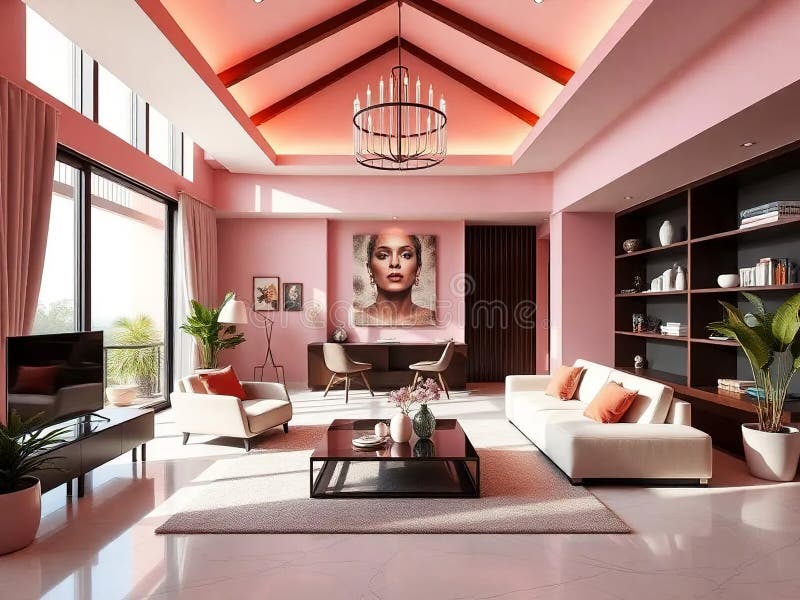 Modern Luxury Villa Apartment Interior, Pink Color Stock Illustration ...