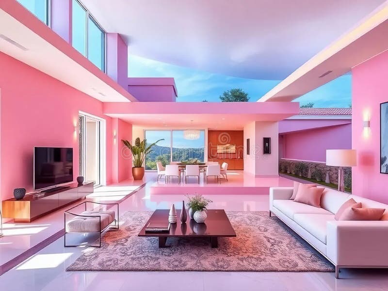Modern Luxury Villa Apartment Interior, Pink Color Stock Illustration ...