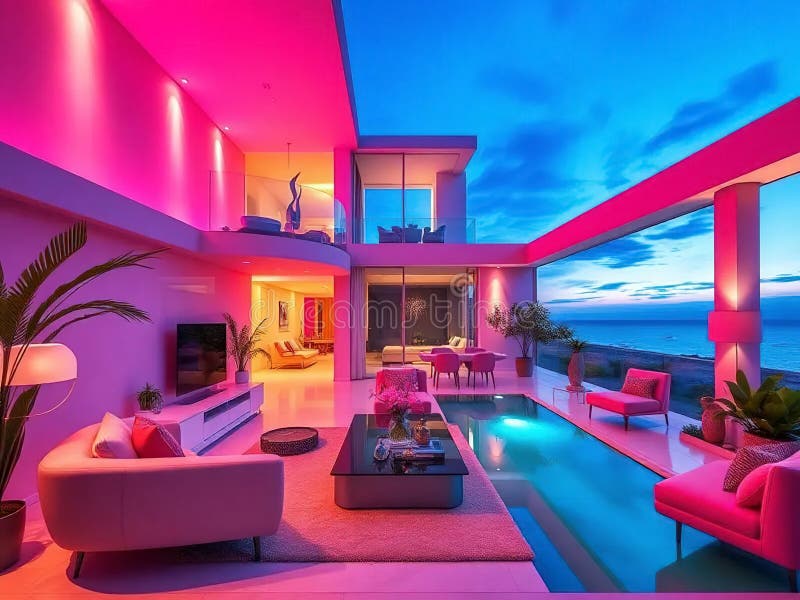 Modern Luxury Villa Apartment Interior, Pink Color Stock Illustration ...