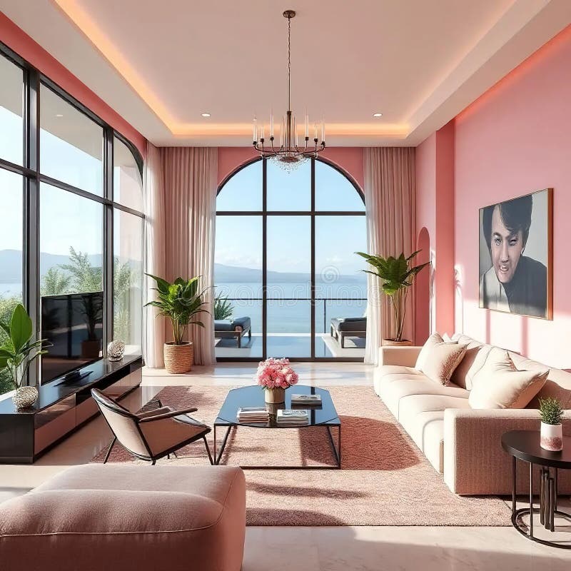 Modern Luxury Villa Apartment Interior, Pink Color Stock Illustration ...