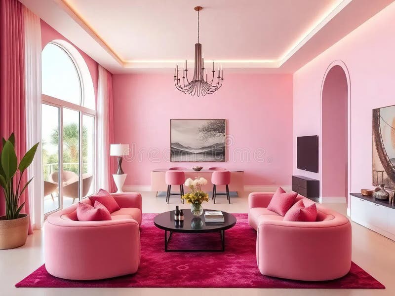 Modern Luxury Villa Apartment Interior, Pink Color Stock Illustration ...
