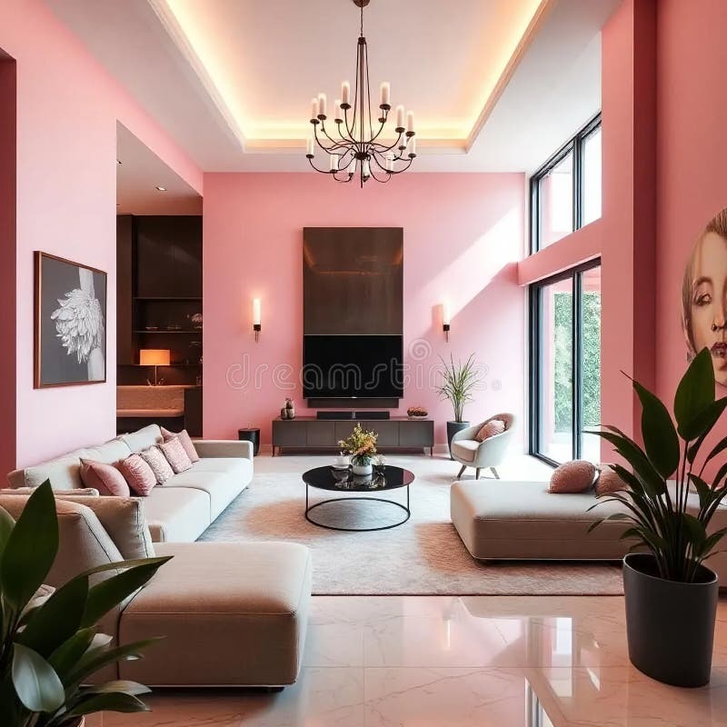 Modern Luxury Villa Apartment Interior, Pink Color Stock Illustration - Illustration of girl ...