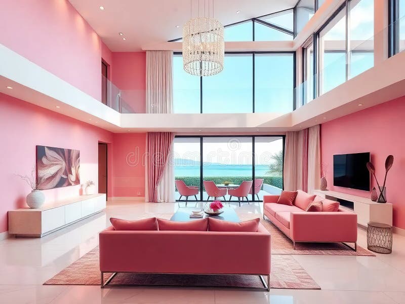 Modern Luxury Villa Apartment Interior, Pink Color Stock Illustration ...