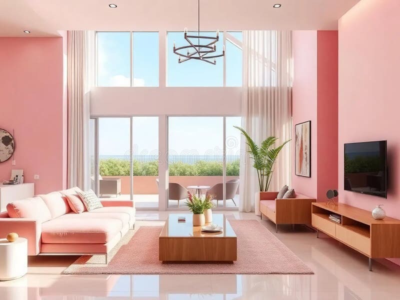 Modern Luxury Villa Apartment Interior, Pink Color Stock Illustration ...