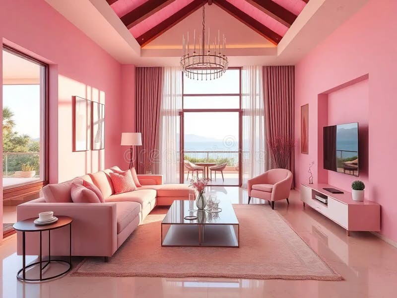 Modern Luxury Villa Apartment Interior, Pink Color Stock Illustration ...