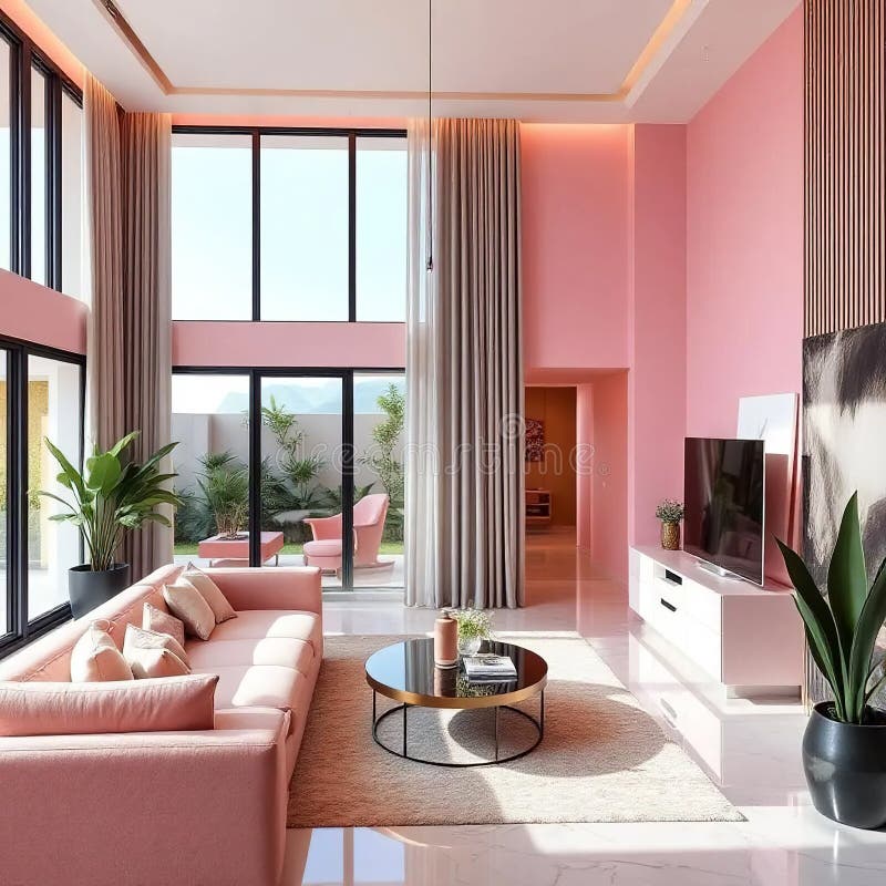 Modern Luxury Villa Apartment Interior, Pink Color. Stock Illustration ...