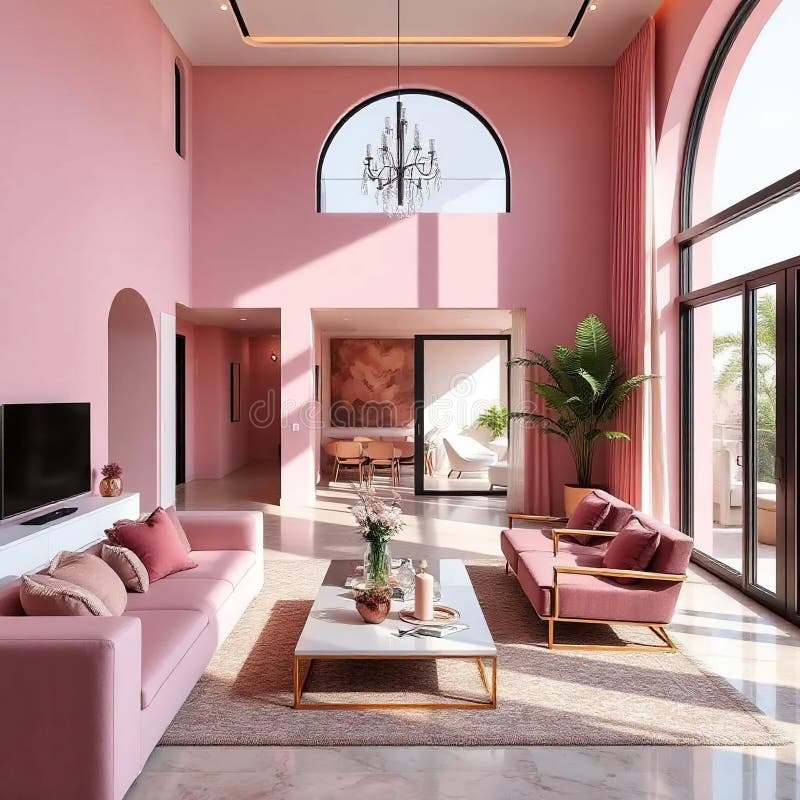 Modern Luxury Villa Apartment Interior, Pink Color. Stock Illustration ...