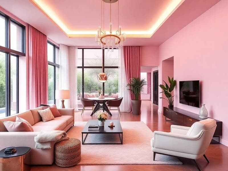 Modern Luxury Villa Apartment Interior, Pink Color. Stock Illustration ...