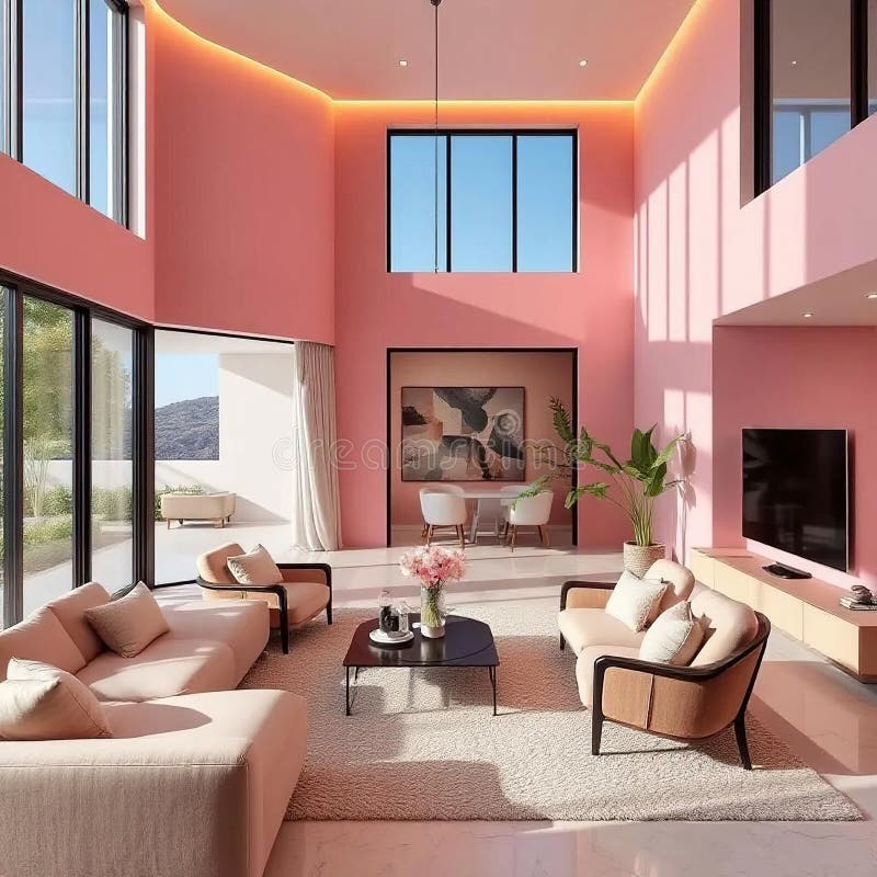 Modern Luxury Villa Apartment Interior, Pink Color. Stock Illustration ...