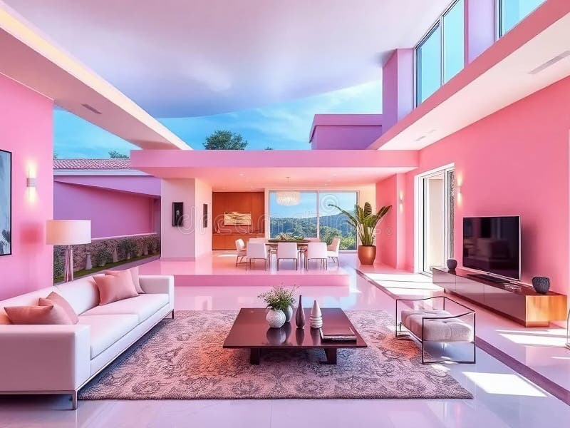 Modern Luxury Villa Apartment Interior, Pink Color. Stock Illustration ...