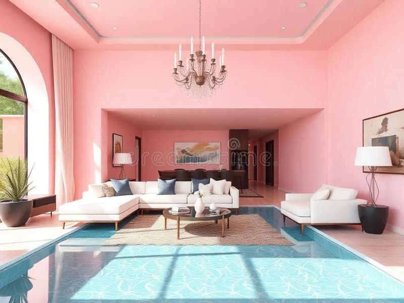 Modern Luxury Villa Apartment Interior, Pink Color. Stock Illustration ...