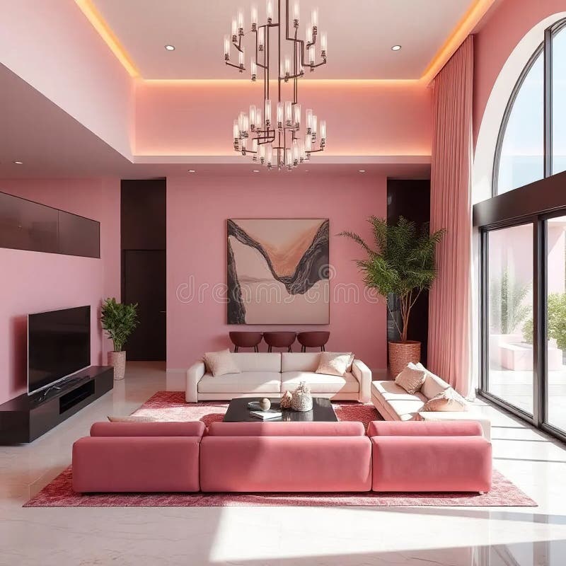 Modern Luxury Villa Apartment Interior, Pink Color. Stock Illustration ...