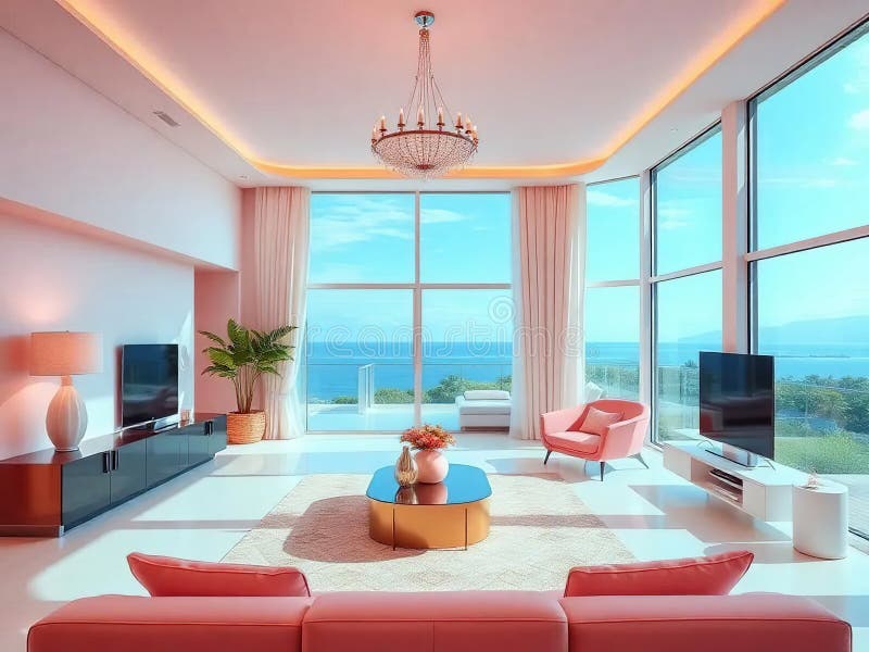 Modern Luxury Villa Apartment Interior, Pink Color. Stock Illustration ...