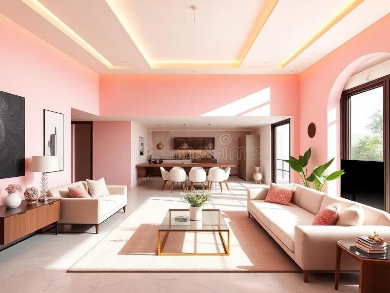 Modern Luxury Villa Apartment Interior, Pink Color. Stock Illustration ...