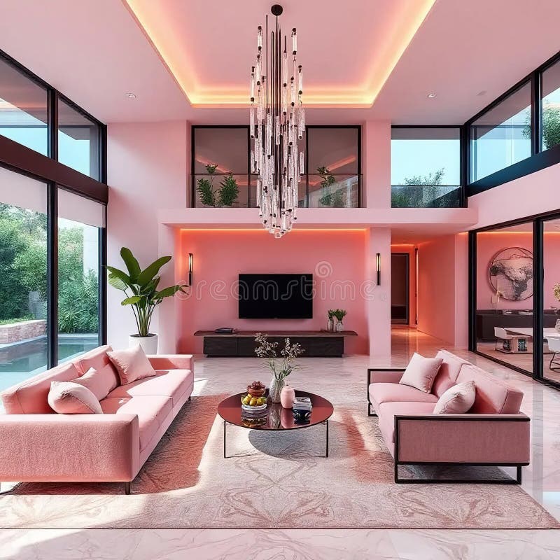 Modern Luxury Villa Apartment Interior, Pink Color. Stock Illustration ...