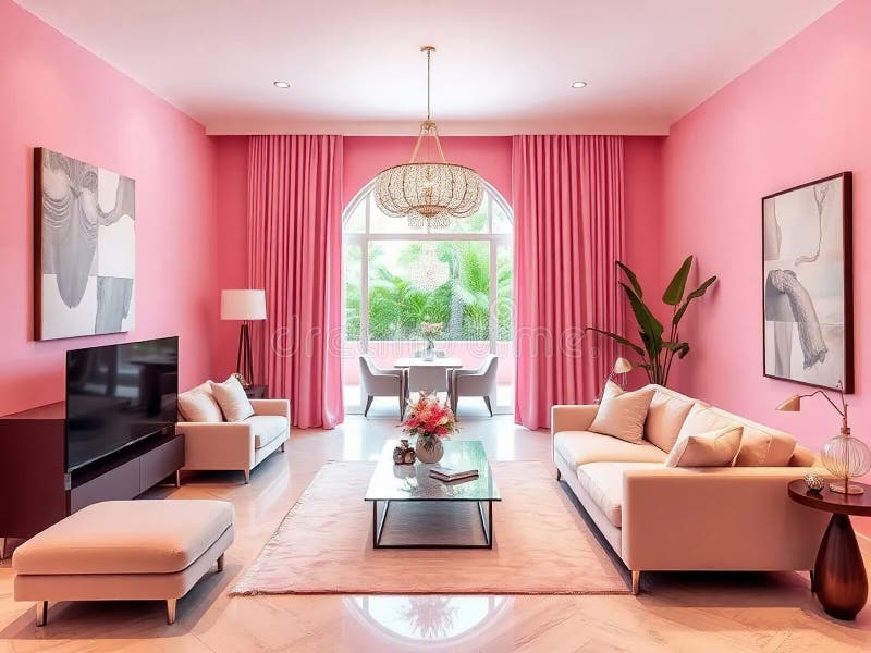 Modern Luxury Villa Apartment Interior, Pink Color. Stock Illustration ...