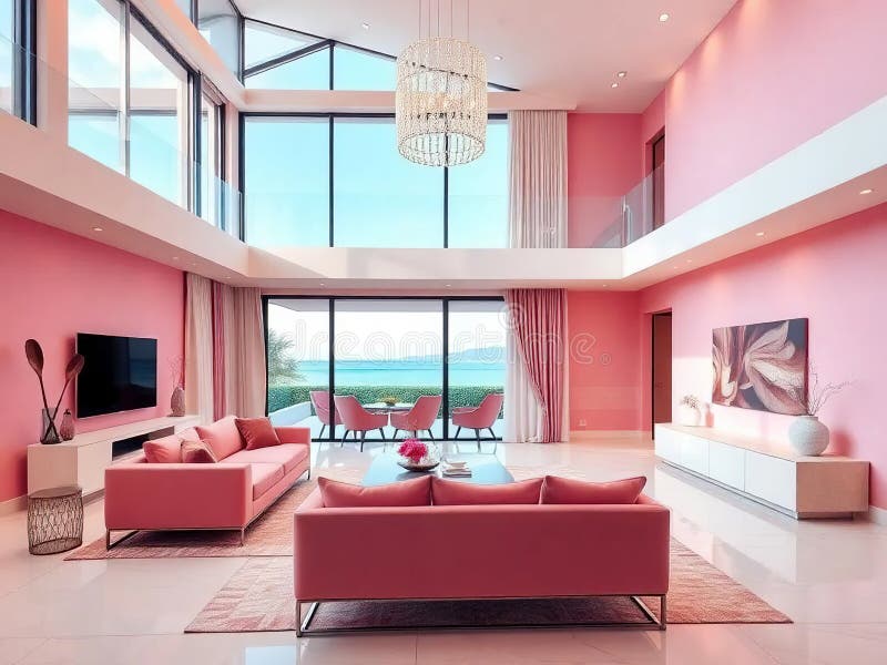 Modern Luxury Villa Apartment Interior, Pink Color. Stock Illustration ...