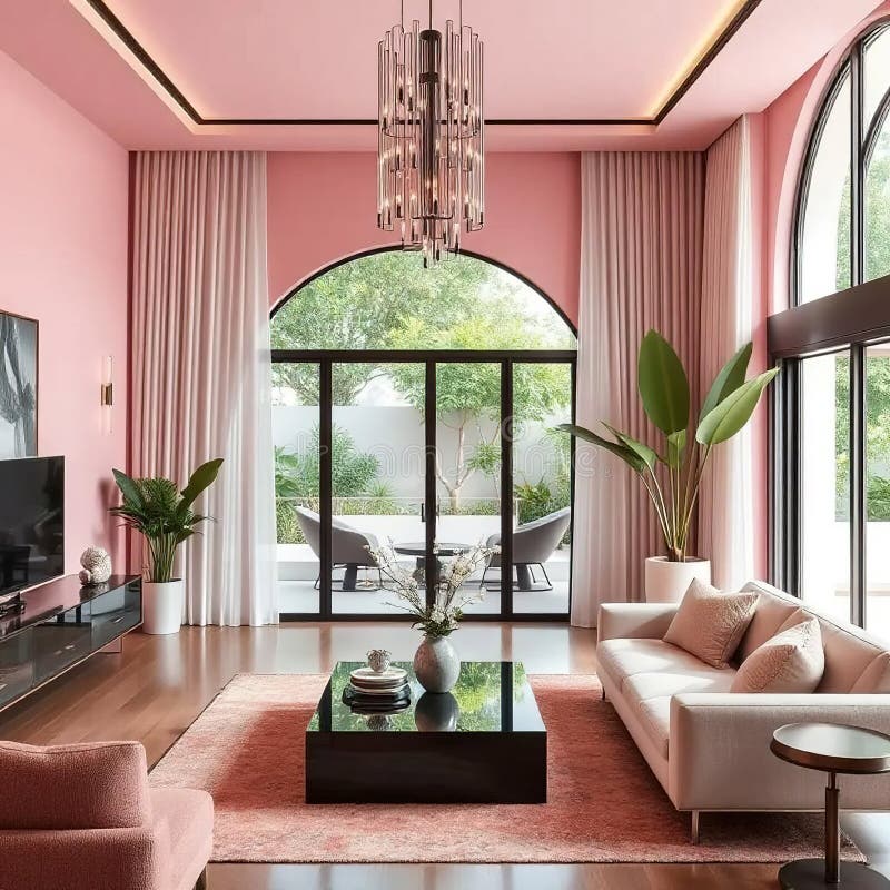 Modern Luxury Villa Apartment Interior, Pink Color. Stock Illustration ...