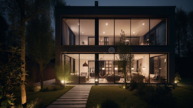 Modern Luxury Villa Exterior. Rear Elevation of a Modern Home at Night ...