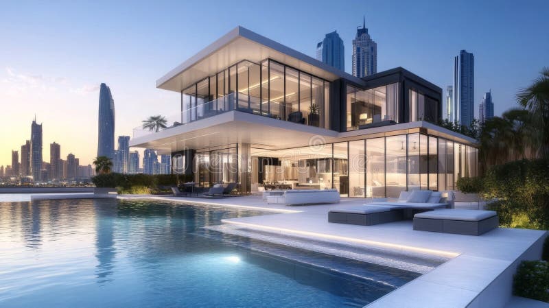 Modern Luxury Villa with Infinity Pool and City Skyline Stock ...