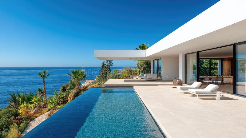 Modern Luxury Villa with Infinity Pool Overlooking Ocean Stock ...