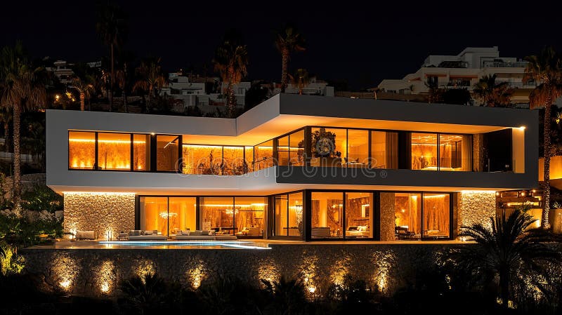 Modern Luxury Villa at Night Stock Illustration - Illustration of glass ...
