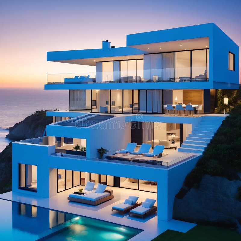 Modern Luxury Villa with Ocean View at Sunset. Stock Illustration ...