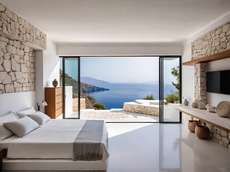 Modern Luxury Villa with Open Door in the Sea. View from Above Stock ...