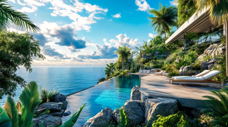 Modern Luxury Villa Overlooking Ocean with Infinity Pool at Sunset ...