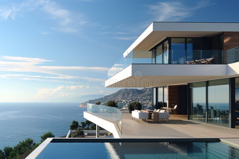 Modern Luxury Villa Overlooking the Sea with Infinity Pool Stock Photo ...