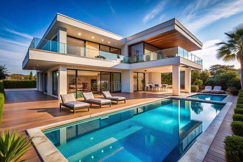 Modern Luxury Villa with Pool and Deck Stock Photo - Image of ...