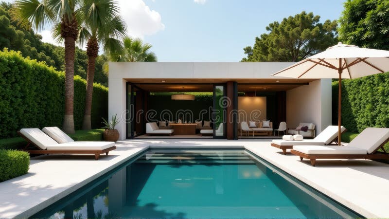 Modern Luxury Villa with Pool and Outdoor Lounge Stock Illustration ...