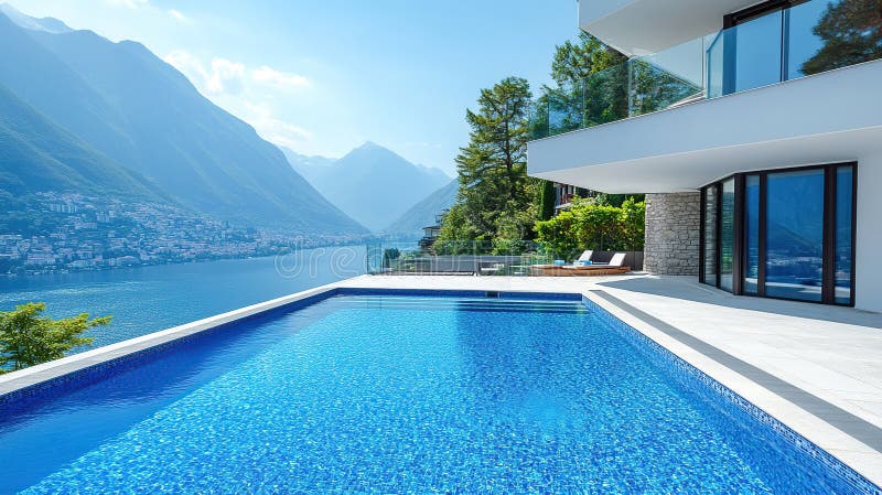 Modern Luxury Villa Pool Overlooking Lake and Mountains Stock ...