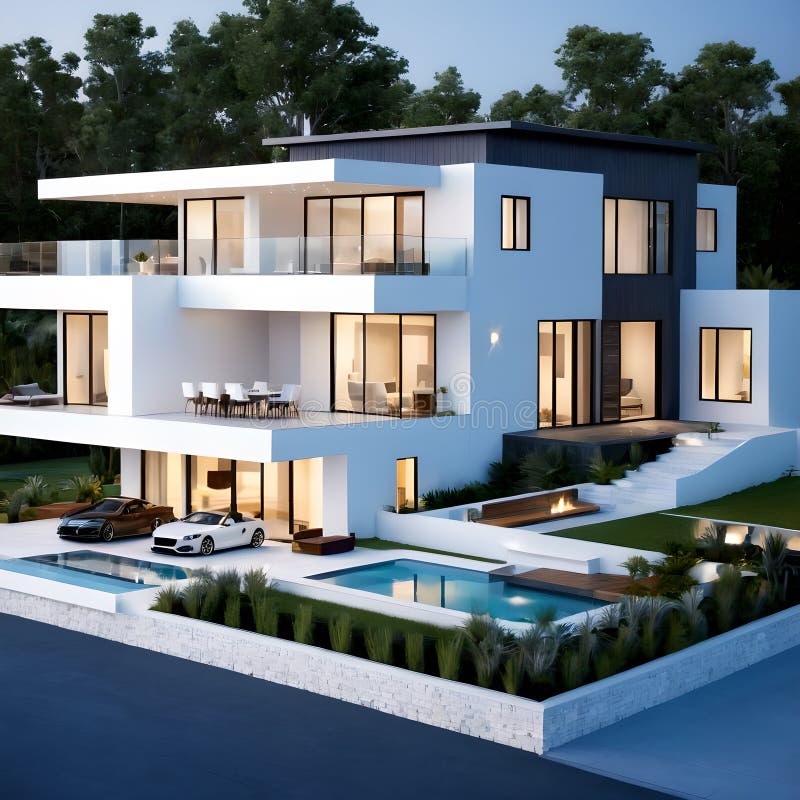 Modern Luxury Villa with Swimming Pool and Garden. Stock Illustration ...