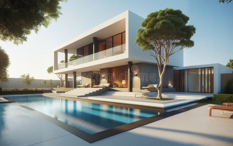 Modern Luxury Villa with a Swimming Pool Surrounded by Trees Stock Image - Image of villa ...