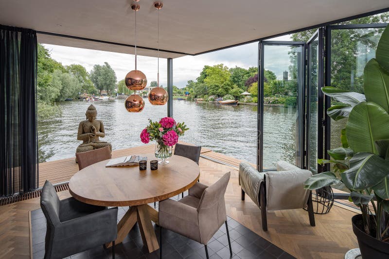 Modern Luxury Villa Terrace Near the River. Stock Image - Image of ...