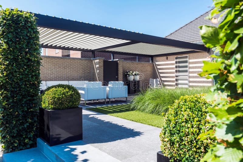 Modern Luxury Villa Terrace in Summer Garden. Stock Image - Image of ...