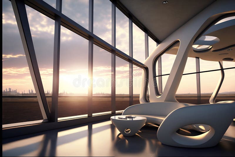 Modern Luxury White Interior with Large Windows and Rounded Lines Stock ...