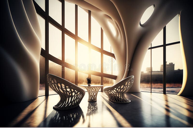 Modern Luxury White Interior with Large Windows and Rounded Lines Stock ...
