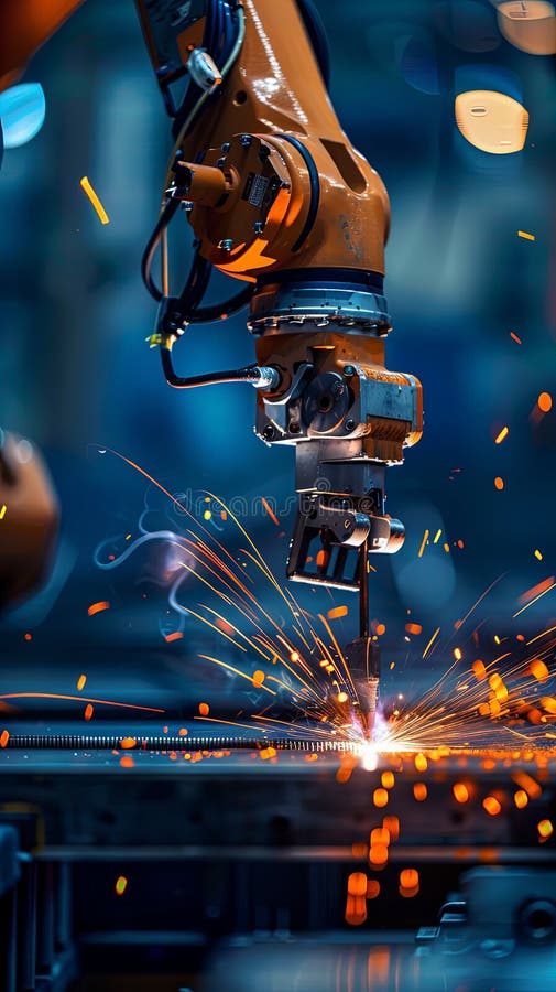 Modern Machinery Vertical Closeup of Automated Robot Working with Metal ...