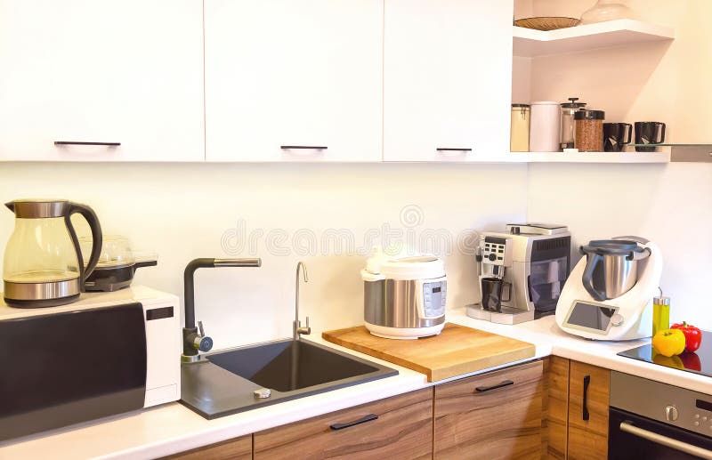 Modern Machines (equipment) are in the Kitchen Interior. Automatic Food ...